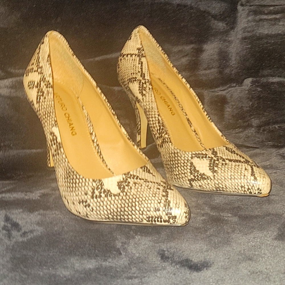 Arturo Chiang Crema & Black Shiny Python Heels - Gem